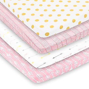 Pack n Play Sheets – Premium Pack and Play Sheets 4 Pack – 100% Super Soft Jersey Knit Cotton Playard Mattress Sheets – Portable Playpen Fitted Play Yard Mini Crib Sheet for Girl (24 x 38 x 5)