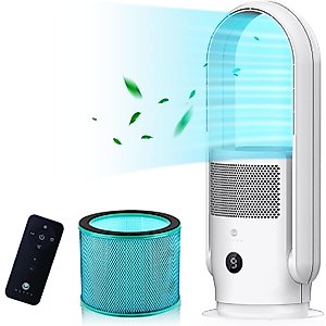 ULTTY Bladeless Tower Fan with Air Purifier, 90° Oscillating Tower Fan with HEPA Filter, Remote Control, Touch, 8H Timer, 9 Speeds, Powerful Floor Fan for Bedroom Room Home Office, CR021, White