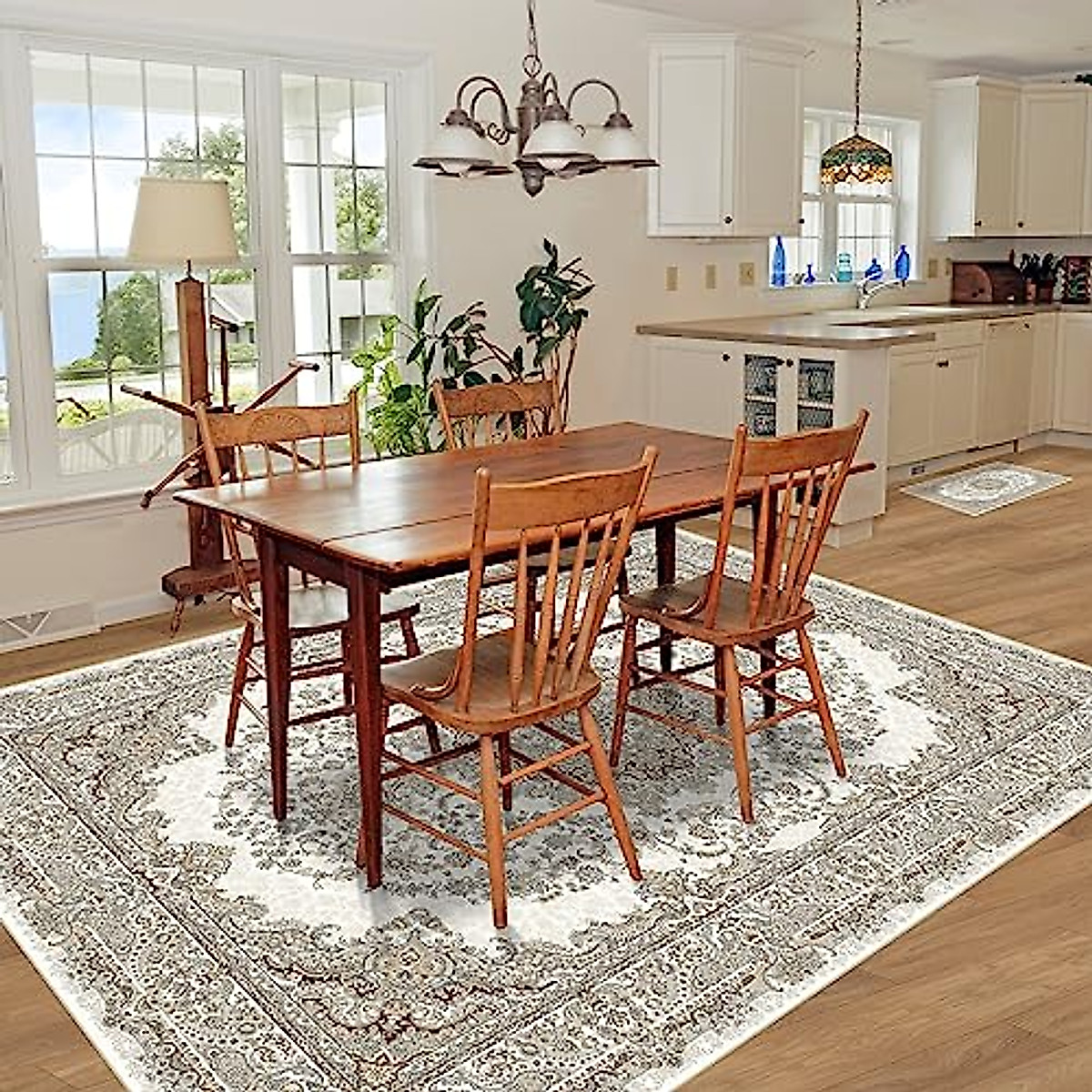Area Rug Living Room Rugs: 8x10 Washable Oriental Persian Carpet for Bedroom Under Dining Table Large Farmhouse Floral Distressed Indoor Non Slip Decor Home Office Nursery - Beige