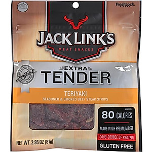 Jack Link’s Extra Tender Beef Jerky Steak Strips, Teriyaki, 2.85 oz – Flavorful Meat Snack, 9g of Protein and 80 Calories, Made with Premium Beef - Gluten Free and No Added MSG or Nitrates/Nitrites
