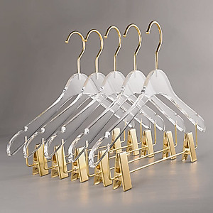 Nisorpa Acrylic Hangers with Clips, 10 Pack Clear Plastic Hangers Non-Slip with Golden Chrome Steel Hook, Clothes Hangers Space Saving Hanger for Dresses Suit Jacket Sweater Blouse