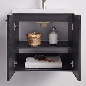 LOCLGPM Modern 24” Black Wood Grain Wall-Mounted Floating Small Bathroom Vanity, Simple Design 2-Door Bathroom Sink Cabinet Vanities Combo Set with White Ceramic Countertop Vessel Sink