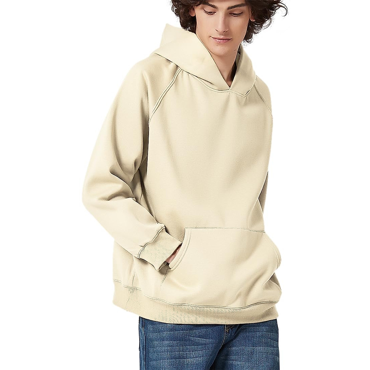 FLYCHEN Men's Solid Color Loose Hoodie Hip Hop Couples Long Sleeve Unisex Sweatshirt Apricot L