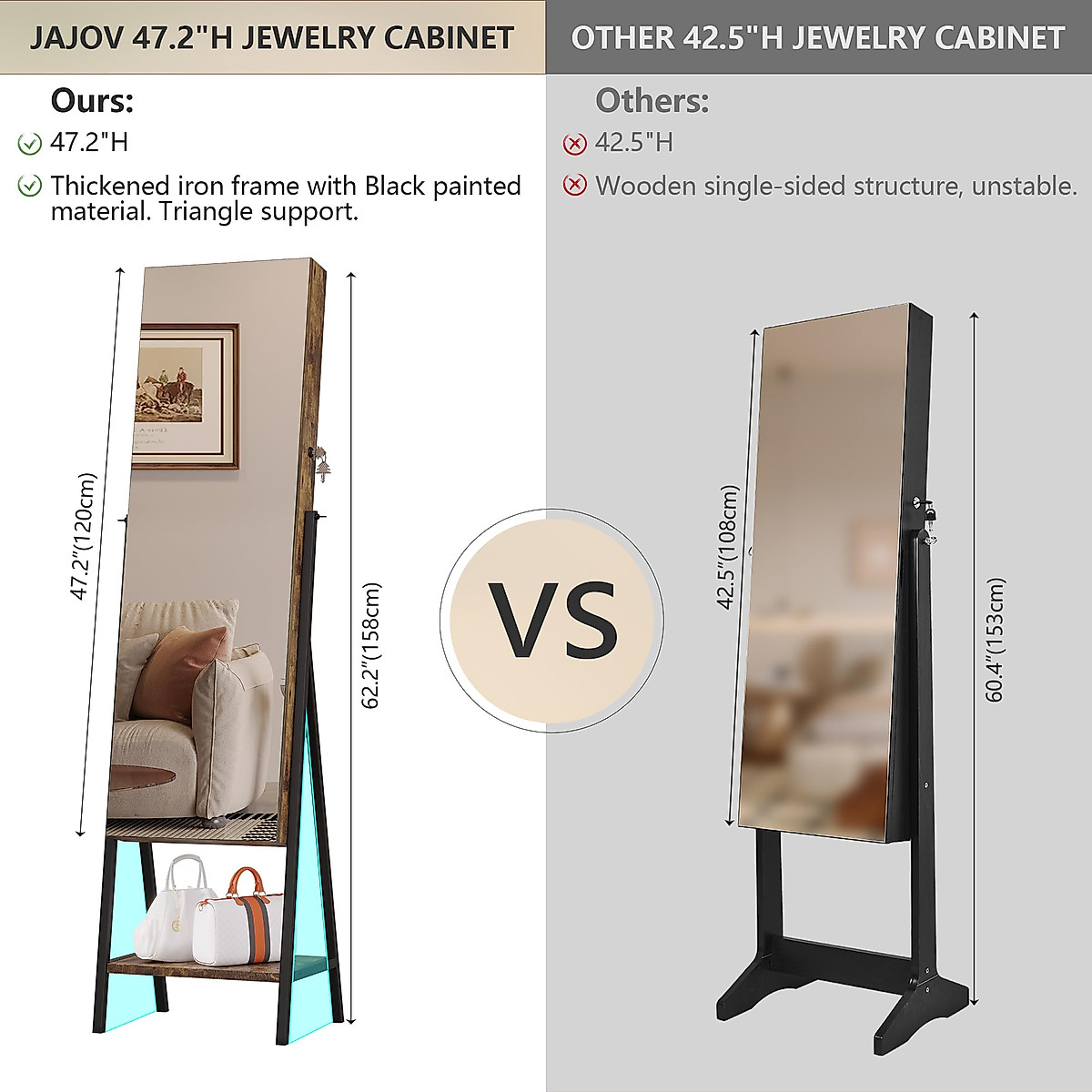 jajov 47.2" LED Jewelry Cabinet Armoire, Standing Full-Length Mirror With Jewelry Storage, Jewelry Organizer Armoire, Lockable Jewelry Mirror Cabinet (Rustic Brown)