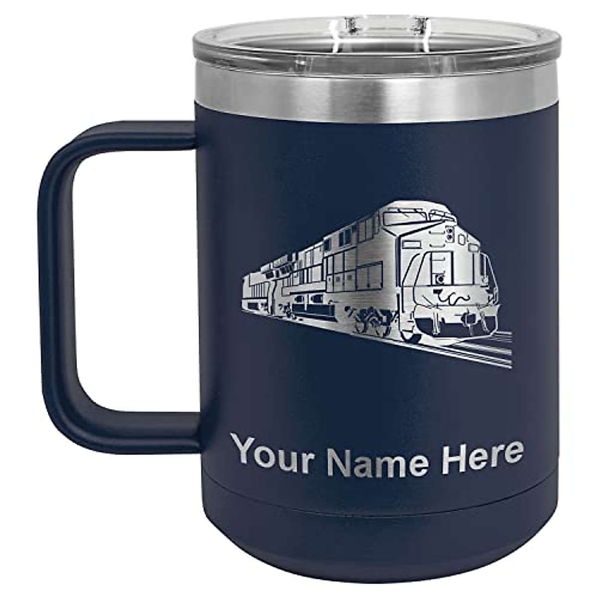 LaserGram 15oz Vacuum Insulated Coffee Mug, Freight Train, Personalized Engraving Included (Navy Blue)