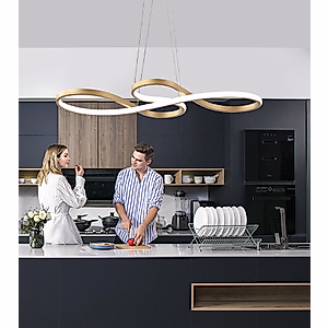 Q&S Modern LED Chandelier Gold Contemporary Light Fixtures Pendant Light Hanging Light for Dining Room Kitchen Island Dimmable Chandeliers with Remote Control 4000K-6000K L30 in