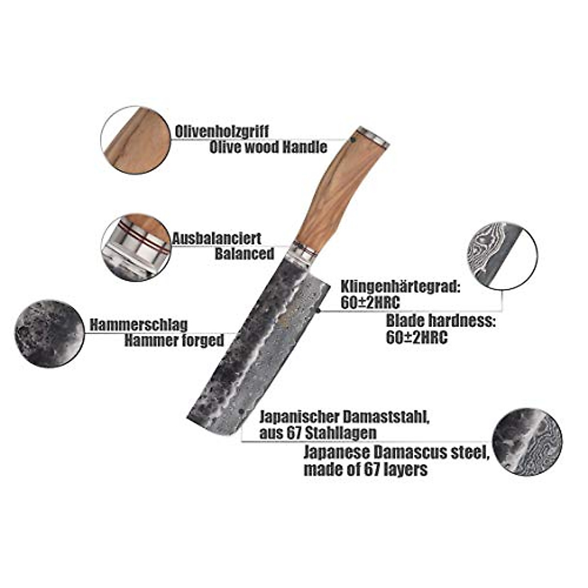 Wakoli Damascus Nakiri knife 6.9-inch blade extremely sharp from 67 layers genuine Japanese Damascus steel with a black hammer and olive wood handle, Olive HS Series