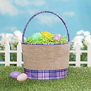 Personalized Easter Bucket Bag with Custom Cursive Name | Purple Plaid Burlap Easter Bag with Handle | Egg Basket for Kids | Customized Easter Basket | Great for Book and Toy Storage