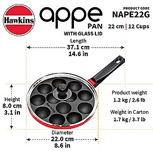 HAWKINS Nonstick Appe Pan with Glass Lid, 12 Cups, Diameter 22 cm, Black (NAPE22G), Standard