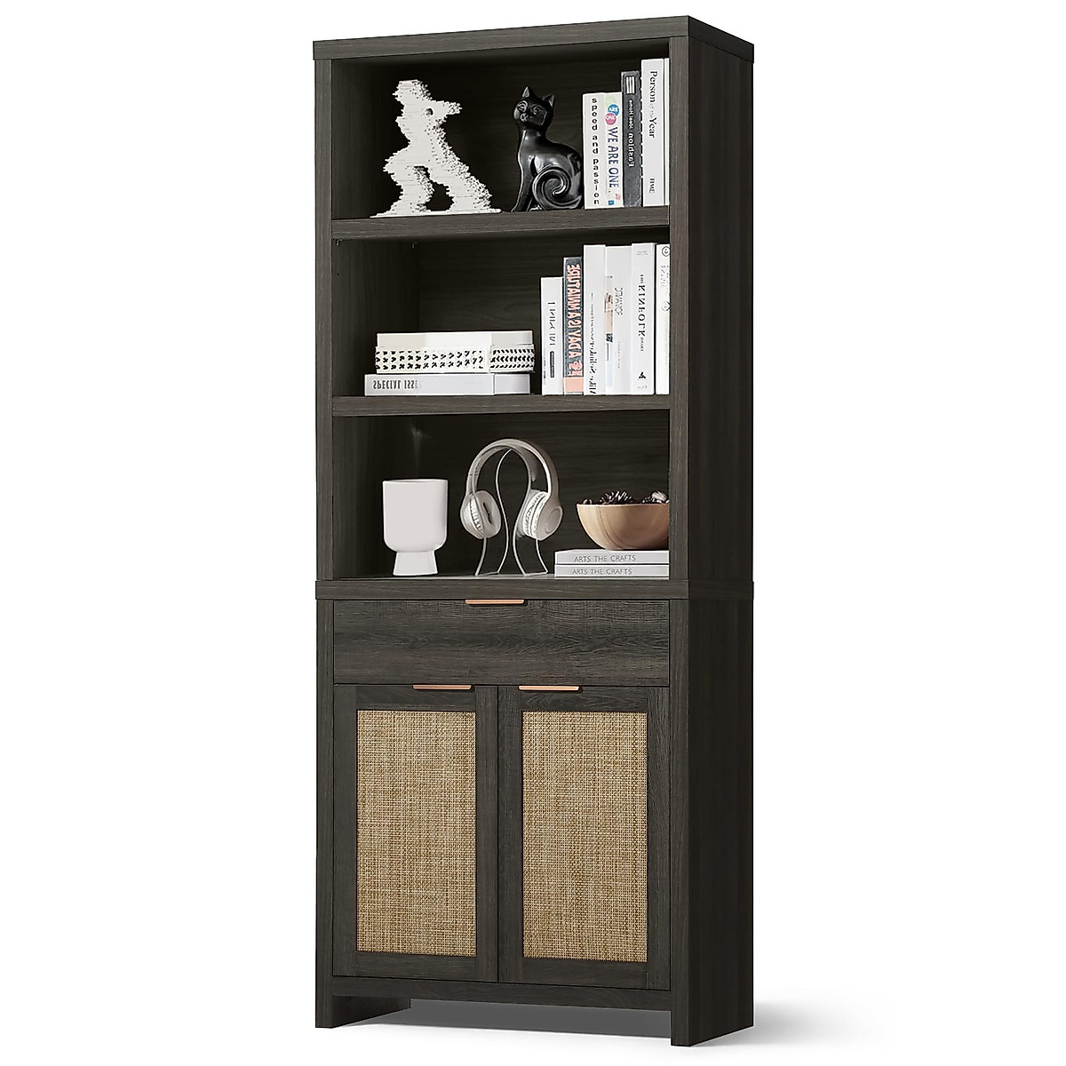OAKHAM HOME Hampstead Bookcase, Rattan Bookcase with Doors Cabinet and Drawer, 5-Tier Bookshelf, Large Wooden Book Case, Tall Bookshelves for Library Living Room (Midnight Oak, 1 Piece)