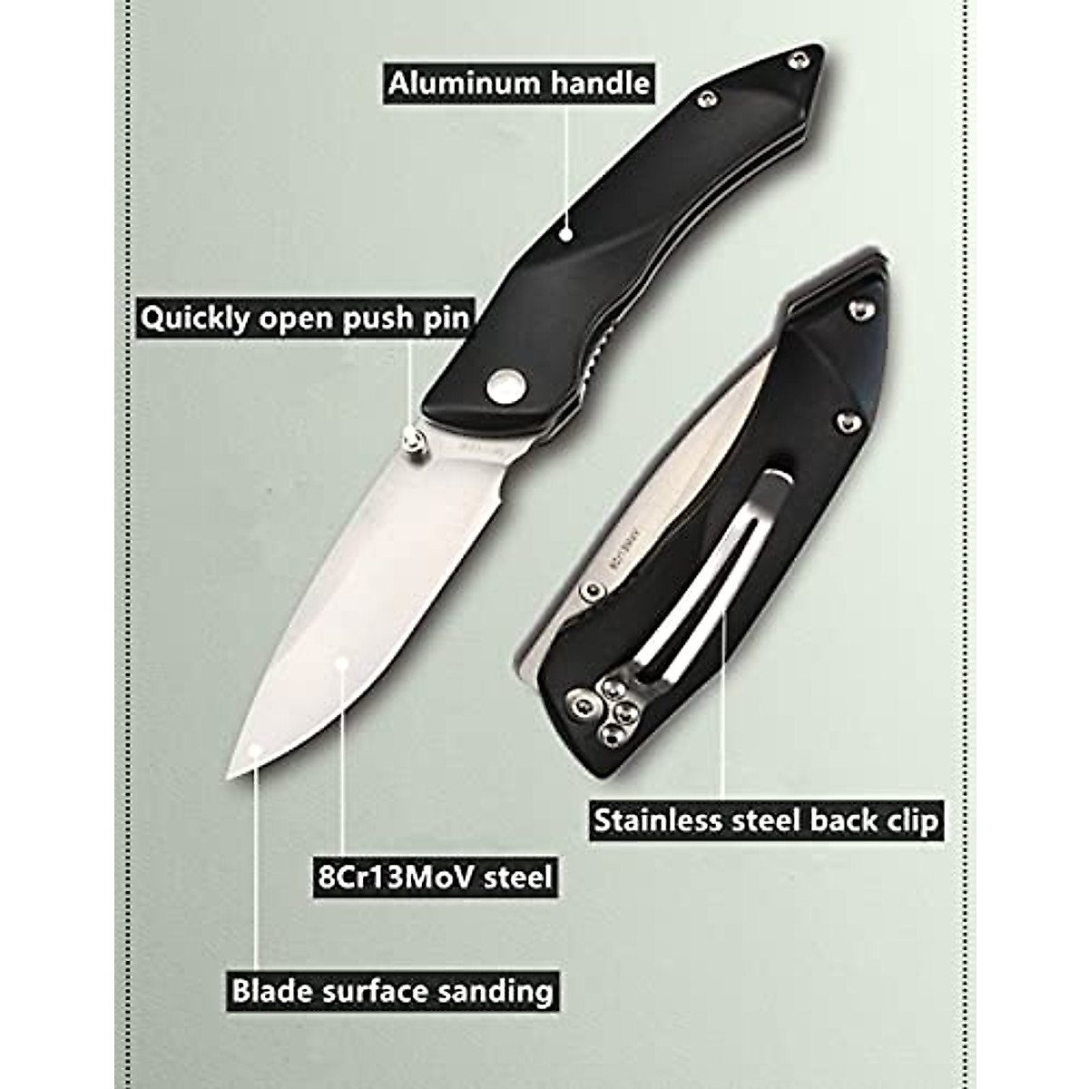 Black Folding Pocket Knife, 8cr13mov Stainless Steel Blade, Lightweight Aluminum Handle, Safety Liner-Lock, Belt Clip, Perfect for Camping, Hunting, Hiking, and Every Day Carry