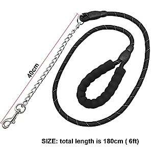 BTINESFUL 6FT Chewproof Dog Leash, Strong Nylon Rope with Anti-Chewing Chain and Padded Handle for Medium Large Dogs Outdoor Training Walking Hiking Black