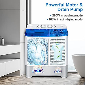 COSTWAY Portable Washing Machine, Twin Tub 22Lbs Capacity, Compact Washer(13.2Lbs) and Spinner(8.8Lbs) with Control Knobs, Built-in Drain Pump, Semi-Automatic Laundry washer for Apartment, RV (Blue)
