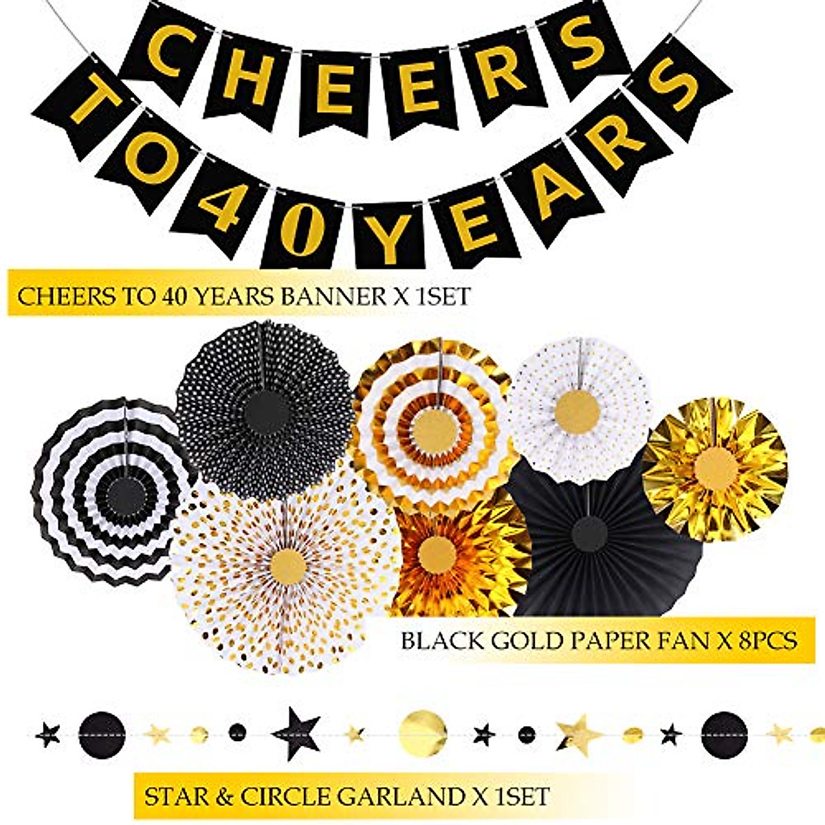 40th Birthday Decorations, 40th Birthday Decorations for Men Women, Cheers to 40 Years Banner Gold Black Party Paper Fan Star Circle Garland for 40th Anniversary 40 Years Old Party Supplies