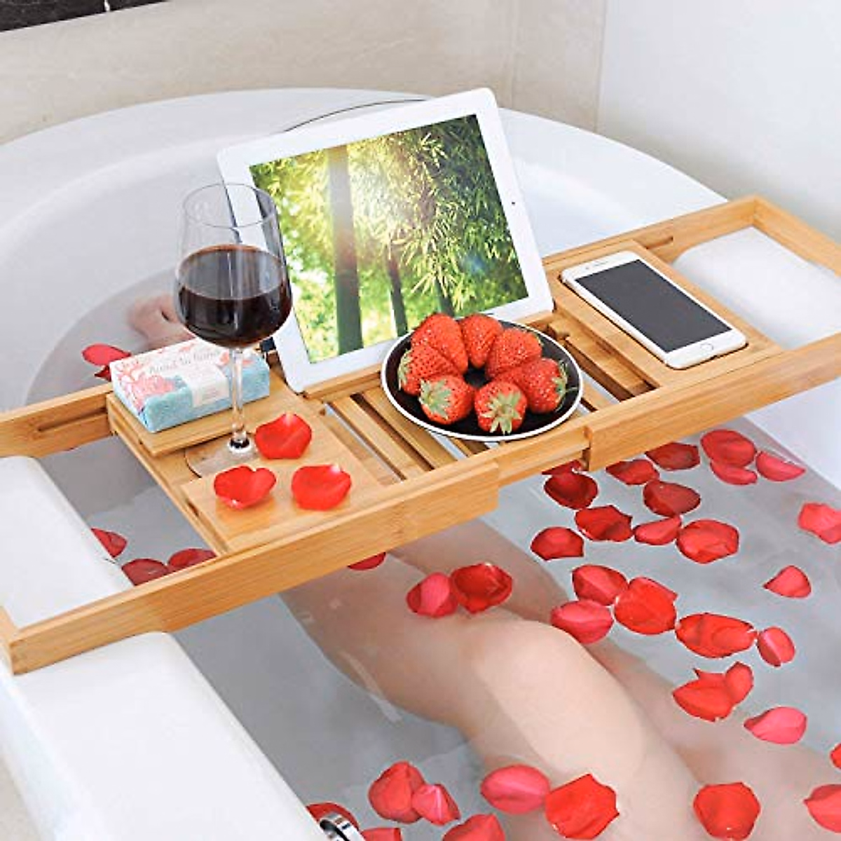 HANKEY Bamboo Bathtub Caddy Tray (Extendable) Luxury Spa Organizer with Folding Sides | Natural, Ecofriendly Wood | Integrated Tablet, Smartphone, Wine, Book Holders