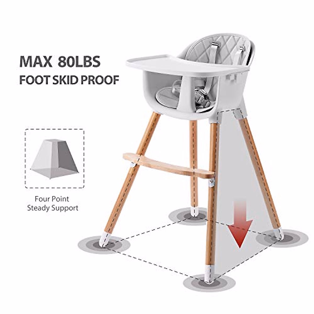 IKARE Wooden Natural Baby High Chair W/Removable Tray & Safety Harness, 3-in-1 Infant Highchair/Booster/Kid Chair | Grows with Your Child | Adjustable Legs | Modern Wood Design (Gray)