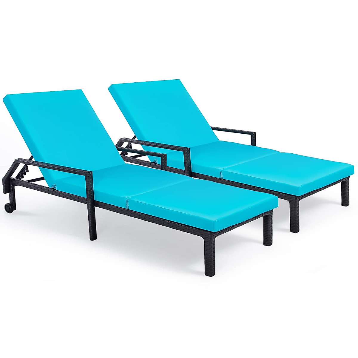 AECOJOY Chaise Lounge Chairs for Outside Outdoor Lounge Chairs Set of 2, Adjustable PE Rattan Wicker Patio Pool Lounge Chair with Cushion and Wheels for Poolside Backyard Deck Porch Garden, Blue