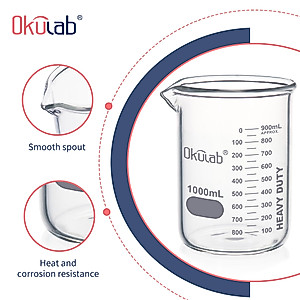 Okulab Heavy Duty Glass Beaker Set, Thick-Walled 3.3 Borosilicate Glass Beakers, with Double Scale Printed Graduation, Vol.1000ml, HBKG1000A1