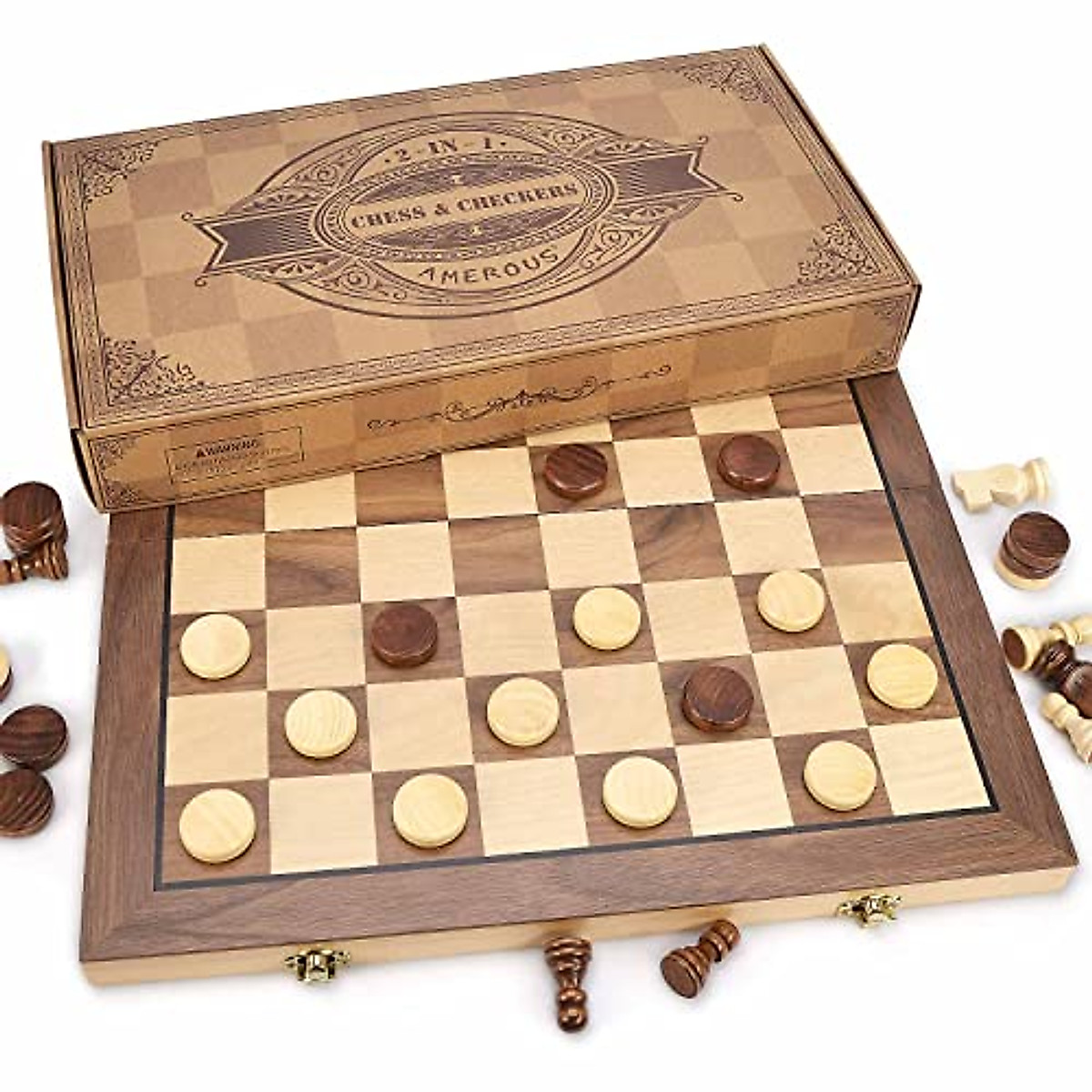 AMEROUS 15'' Magnetic Wooden Chess & Checkers Game Set -2 Extra Queens -24 Cherkers Pieces - Chessmen Storage Slots, Beginner Chess Set for Kids and Adults, Classic 2 in 1 Board Games