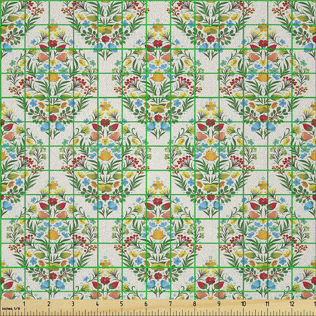 Lunarable Boho Fabric by The Yard, Ornamental Fresh Blossoms as Oval Shapes Floral Hippie Natural Composition, Microfiber Fabric for Arts and Crafts Textiles & Decor, 1 Yard, Green Beige