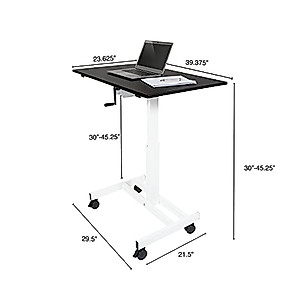 Stand Up Desk Store Crank Adjustable Height Single Column Rolling Mobile Standing Desk (White Frame/Black Top, 40" Wide)