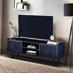 ORRD TV Stand for TVs Up to 70 Inch, Accent Iron Rattan Storage Cabinet Television Stands Entertainment Media Center Console Table with Sliding Barn Door and Adjustable Shelves for Living Room