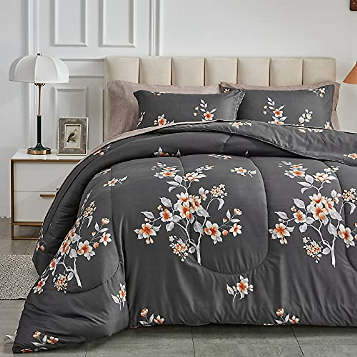 7 Pieces Bed in a Bag King Comforter Set with Sheets, Dark Grey Floral Design Soft Microfiber Bedding Sets for All Season (1 Comforter, 2 Pillow Shams, 1 Flat Sheet, 1 Fitted Sheet, 2 Pillowcases)