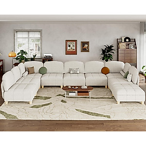 LLappuil Modular Sectional Sofa U Shaped Sectional Modular Sofa with Storage Convertible Modular Sectional Couch for Living Room, Removable Teddy Velvet 9 Seater Couch with Coffee Table, Beige