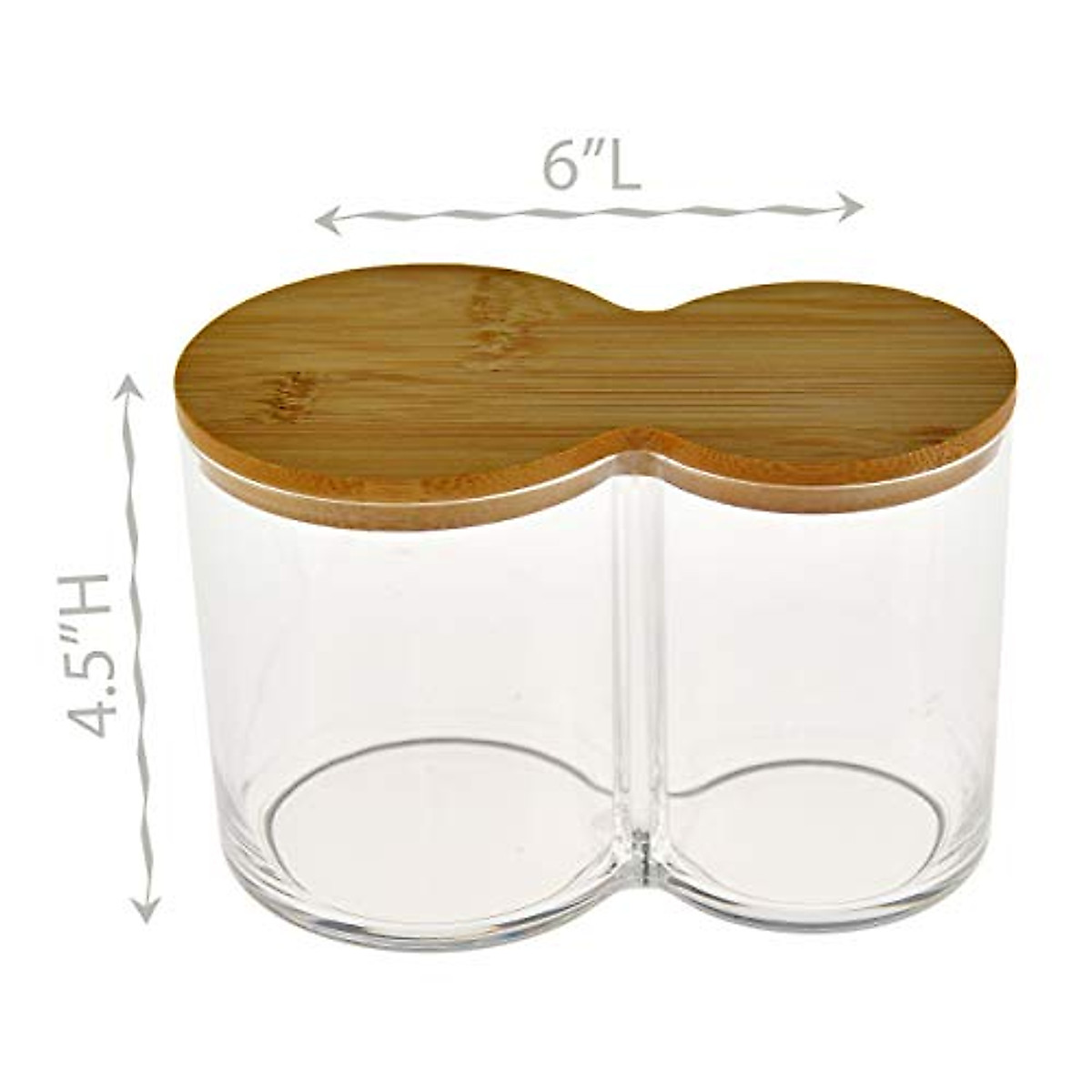 ARAD Cotton Ball, Swab, Q-tip Storage Set, 1-Piece, 2 Compartment, Clear Acrylic Jar Container with Bamboo Lid, Easy Organization on Bathroom Counters, Under-Sink Placement-6" L x 3.5" W x 4.5" H