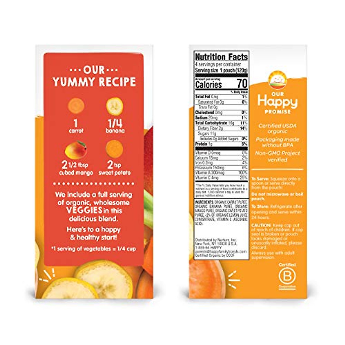 Happy Tot Organics Stage 4 Baby Food Pouches, Gluten Free, Vegan Snack, Love My Veggies, Fruit & Veggie Puree, Carrot, Banana, Mango & Sweet Potato, 4.22 Ounce (Pack of 8)
