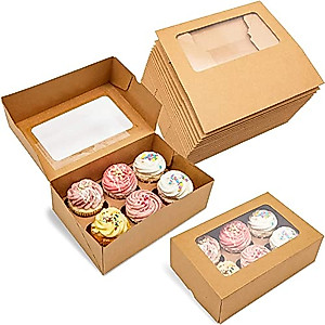 50-Pack 6 Count Cupcake Boxes With Window for Pastries, Desserts, Muffins, Cookies, Disposable Kraft Paper Containers for Birthday Party, Wedding (3.7 x 4.2 x 3.7 Inches)