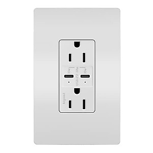 Legrand radiant R26USBPDW 15 Amp Tamper-Resistant Decorator Duplex Receptacle Outlet with Ultra Fast USB C/C 6.0A Charging Ports PLUS 30W Power Delivery, White (1 Count)
