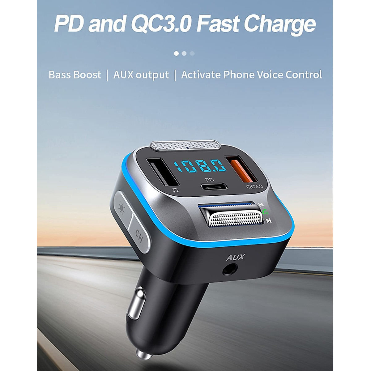 Bluetooth Car Adapter, Hi-Fi Bass Sound, Bluetooth Transmitter, FM Radio, Handsfree Calls, Fast Charging, 7 LED Colors, AUX Output, U Disk Support, Bluetooth Adapter for Car