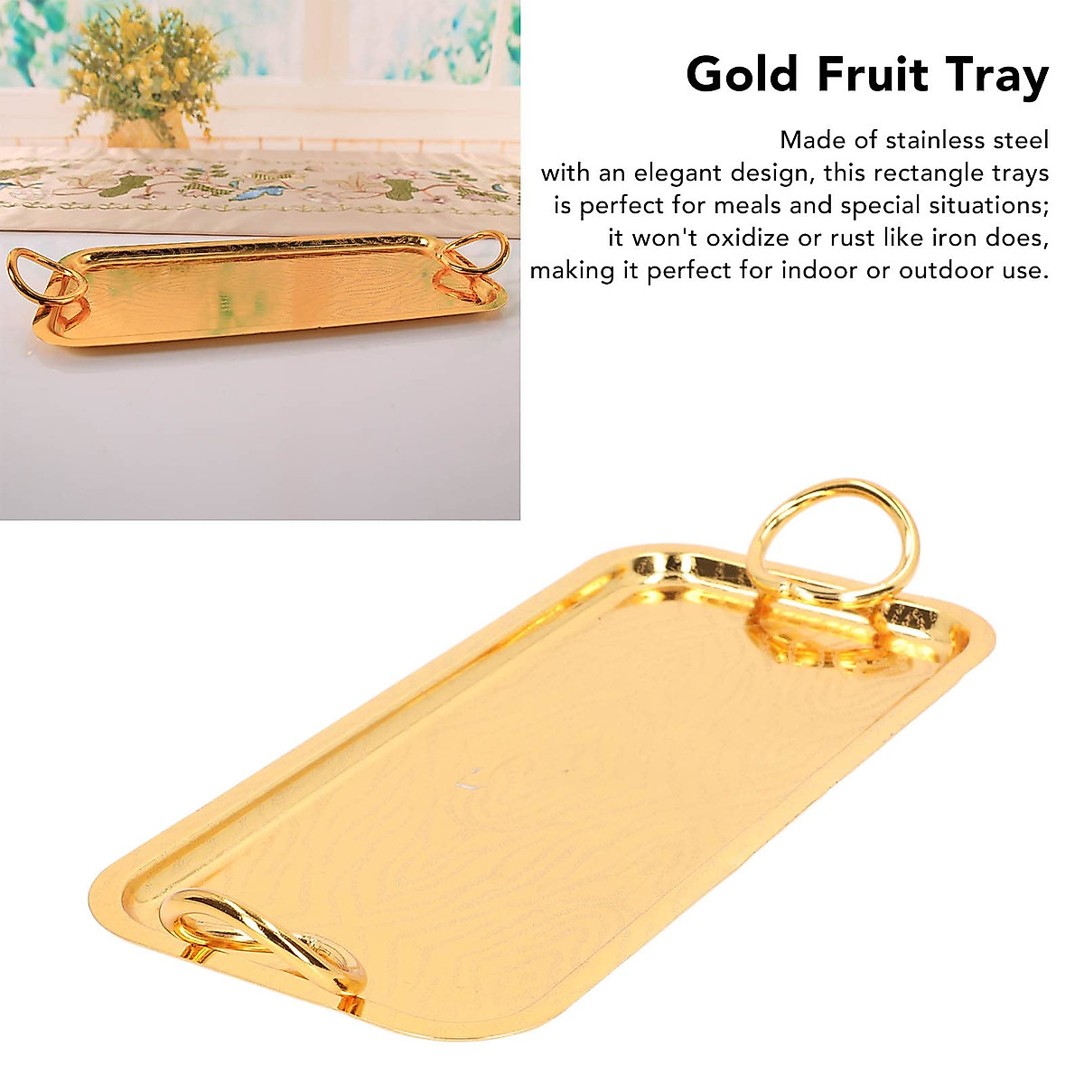 Rectangular Tea Cup Tray Gold Storage Fruit Tray Stainless Steel Serving Tray with Round Handle Food with Round for Wedding Party Birthday Picnic
