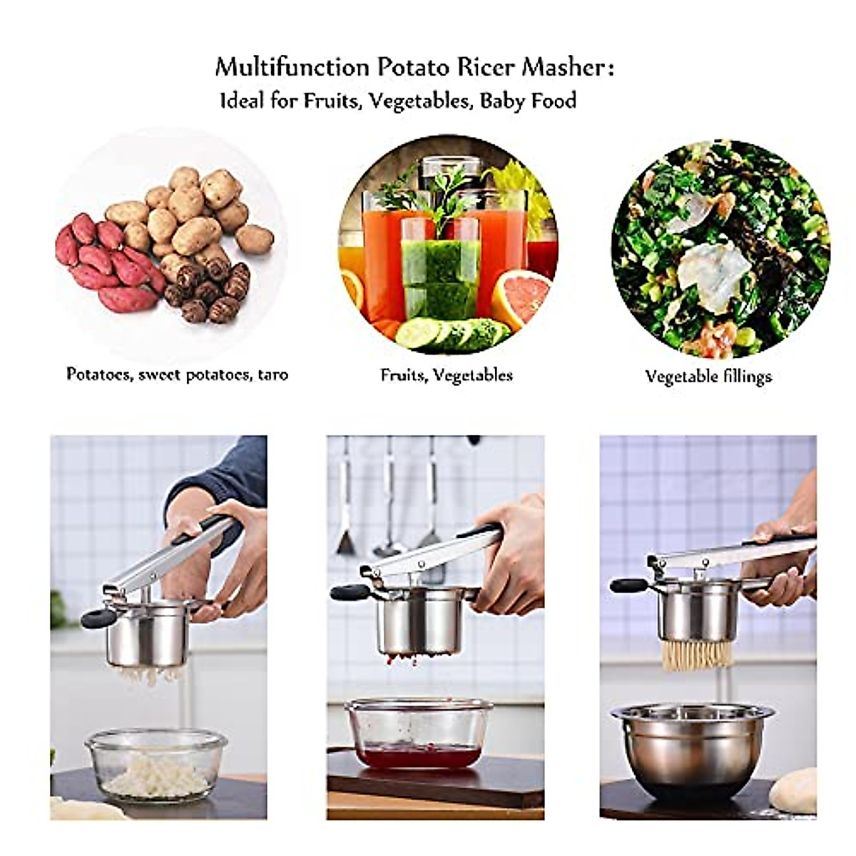 HUAPX® Potato Ricer and Masher,Heavy Duty Stainless Steel Food Ricer (11.6" x 4.5") with 14 oz Large Capacity,3-in-1 Peeler and 3 Ricing Discs for Fruit Juicer,Cooking,Purees,Baby Food Press Squeezer