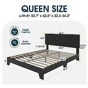 WEEWAY Queen Bed Frame Upholstered Platform Bed with Adjustable Faux Leather Headboard and Strong Wooden Slats, Heavy-Duty Mattress Foundation, No Box Spring Needed, Easy Assembly, Black