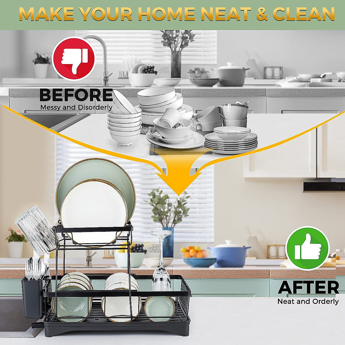 Dish Drying Rack for Kitchen Counter, 2-Tier Dish Racks with Drainboard, Large Capacity Dish Drainer Organizer Shelf with Utensil Holder, Wine Glass Holder（Black）