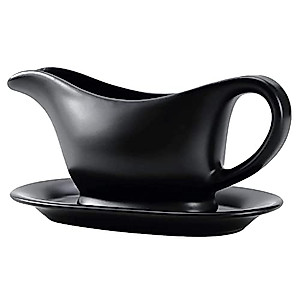 Bruntmor 11 Oz Black Ceramic Gravy Boat With Tray, 11 Ounce Small Ceramic Serving Dish, Dispenser with Tray For Sauces, Dressing and creamer, Gravy Boat With Saucer For Thanksgiving And Christmas