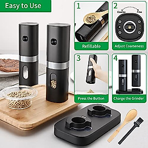Electric Salt and Pepper Grinder Set Rechargeable Battery Operated with USB Double Charging Base, Automatic Pepper Shakers With Spoon,Adjustable Coarseness,LED Light(Black 2 Mills)