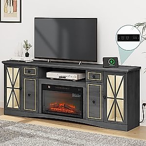 YITAHOME 70 Inch Electric Fireplace TV Stand for up to 80 Inch TVs, LED Entertainment Center with Fireplace for Living Room, Farmhouse Fireplace TV Cabinet with Storage (Grey)