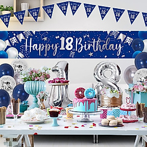 18th Birthday Decorations for Boys and Girls Blue, Happy 18th Birthday Backdrop Banner Balloons 18 Years Old Party Supplies with HAPPY BIRTHDAY Banner Silver 18 Birthday Decor 18th Bday Women Her Him