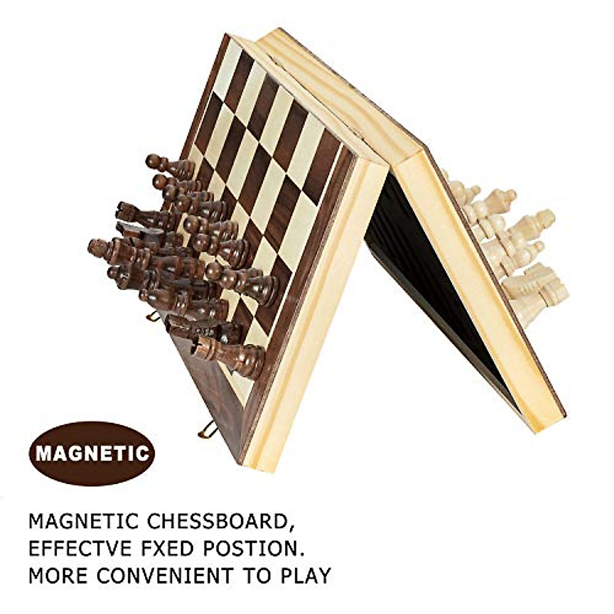 AMEROUS 15 Inches Magnetic Wooden Chess Set - 2 Extra Queens - Folding Board, Handmade Portable Travel Chess Board Game Sets with Game Pieces Storage Slots - Beginner Chess Set for Kids, Adults