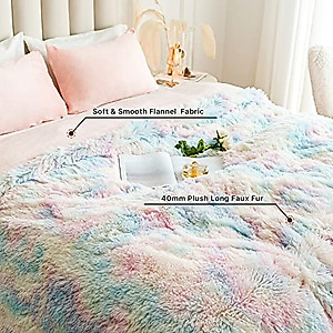 CHOSHOME Plush Shaggy Duvet Cover Set Queen Size, Tie Dye Fluffy Faux Fur Comforter Cover Set, Fuzzy Flannel Bedding Set, 3 Pieces (1 Furry Duvet Cover + 2 Pillow Shams), Zipper Closure, Rainbow