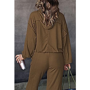 Pink Queen Two Piece Lounge Wear Sweat Sets Casual Relaxed Fit Fall Cutout Pullover Hoodies Tracksuit Ladies Running Active Drawstring Pants with Pockets Chocolate L