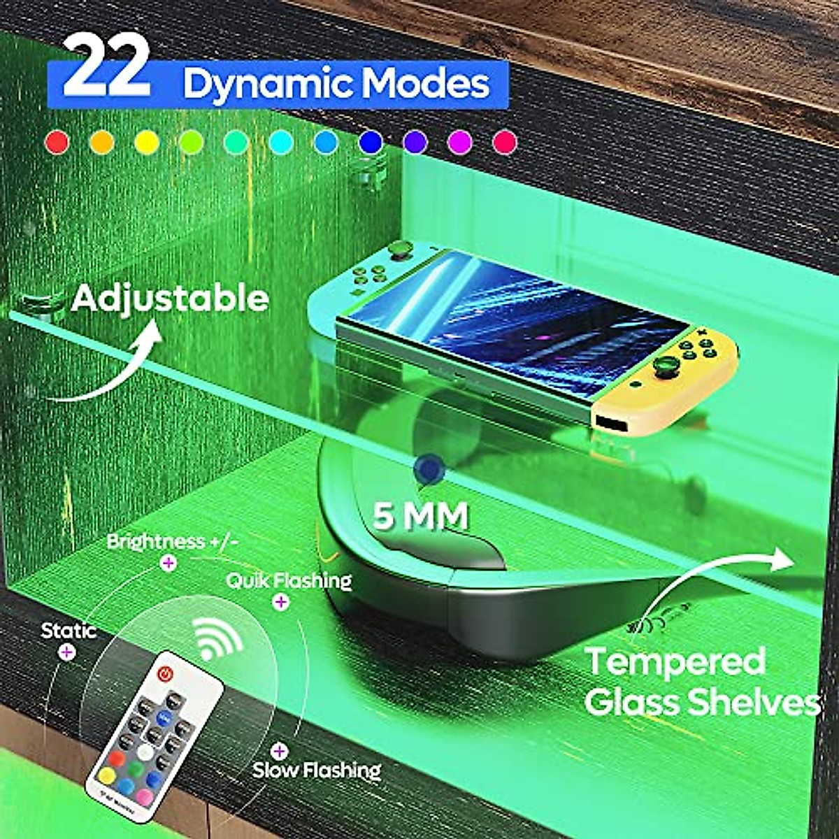 Bestier RGB TV Stand for 65+ Gaming Entertainment Center Gaming LED TV Media Console Table with 2 Glass Shelf PS Gaming TV Cabinet for Living Room, Golden Black