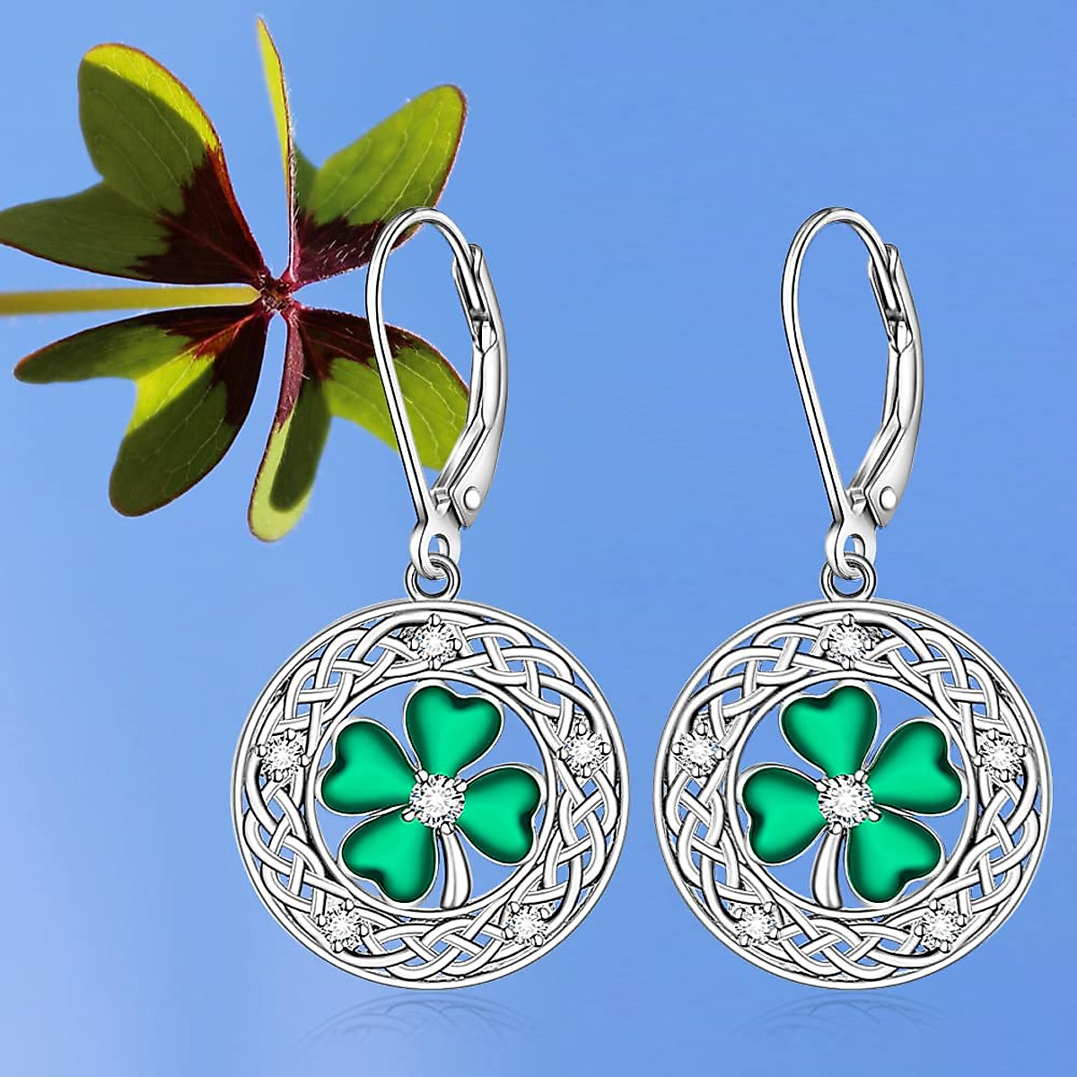 Celtic Knot Shamrock Earrings for Women Irish Leverback Drop Four Leaf Clover St Patricks Day Earrings Sterling Silver Green Dangle Valentines Day Gifts