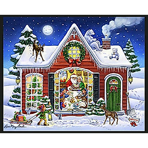 Santa's House by Rose Mary Berlin - Christmas Panel - Digitally Printed Fabric - Santa Elves Deer Bears - Country Home Winter Scene - 100% Cotton
