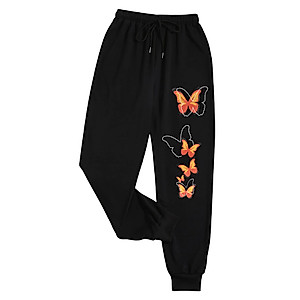SOLY HUX Women's Butterfly Print Drawstring High Waisted Sweatpants Joggers Pants Black S
