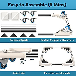 DOZAWA Telescopic Furniture Dolly with 4 Locking Wheels,Washing Machine Stand Refrigerator Base Moving Cart,Size Adjustable,White