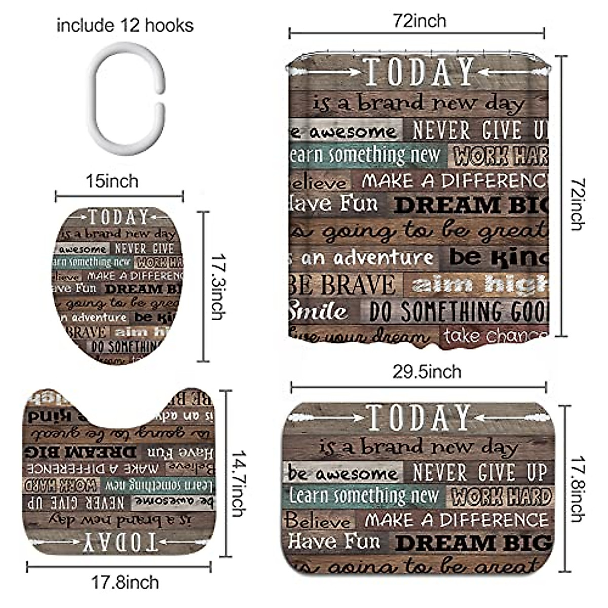 4 Pcs Inspirational Quotes Shower Curtain Set with Non-Slip Rugs, Toilet Lid Cover and Bath Mat, Motivational Words Rustic Wooden Cabin Shower Curtain Bathroom Waterproof Polyester Fabric, 72" x 72"